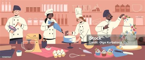 제과자 문자 케이크와 패스트리 만들기 과정 재미있는 요리사가 과자를 장식하고 전문 밥솥이 일하고 부엌의 앞치마에있는 남성과 여성