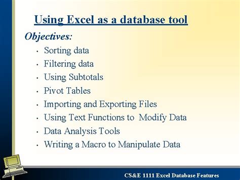 using excel as a database tool objectives sorting