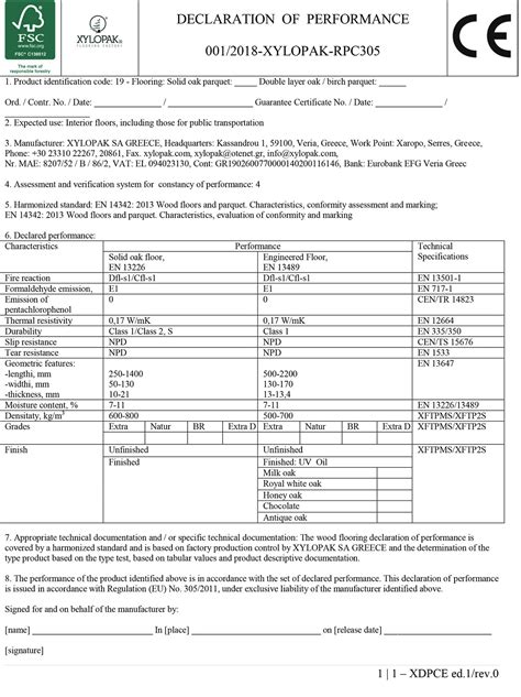 Declaration Of Performance Xylopak S XYLOPAK SA