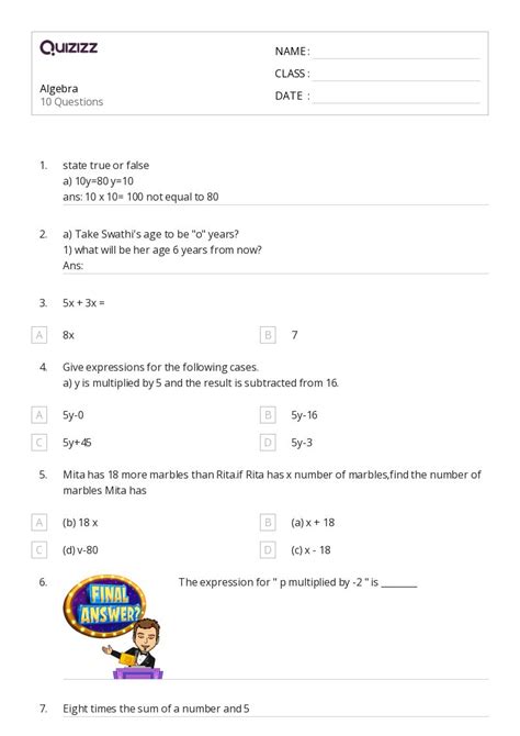 50 Algebra Worksheets For 6th Class On Quizizz Free And Printable