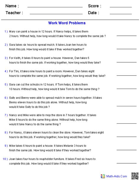 Work Word Problems Subtraction Word Problems Addition Word Problems Word Problems
