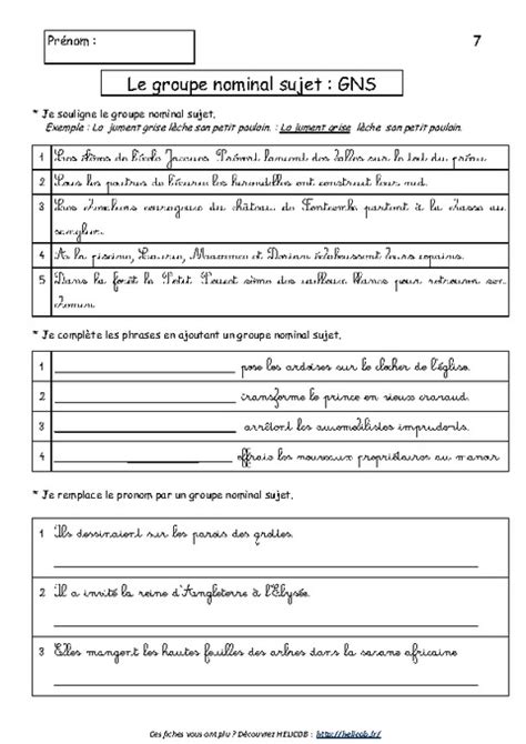 Groupe Nominal Sujet Gns Cm1 Cm2 Exercices Corrigés Pass Education