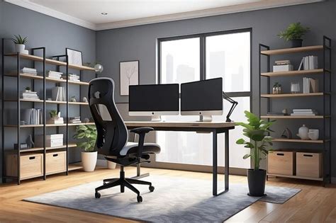 Premium Photo A Dualmonitor Home Office Workstation With A Modern Ergonomic Chair Vector