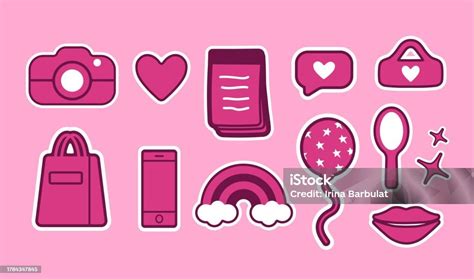 여자에게 인기 있는 핑크 컬렉션 심장 무지개 별 립스틱 무지개 가방 전화 로고 스티커 분홍색 배경에 개별 요소 인쇄용 배너용 엽서용 벡터 아트 일러스트 레이 션입니다 가방에