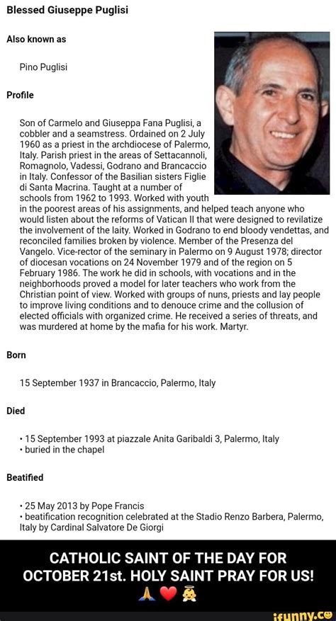 Blessed Giuseppe Puglisi Also Known As Pino Puglisi Profile Son Of