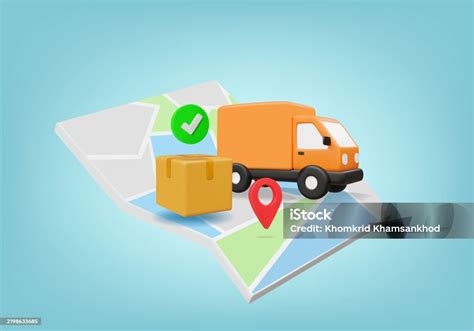 벡터 3d 렌더링 디지털 지도에 주황색 배달 트럭이 있는 소포 운송 개념 위치 핀과 배송 확인 기호 물류 및 전자 상거래를 위한 소포 상자로 완성됩니다 3차원 형태에 대한
