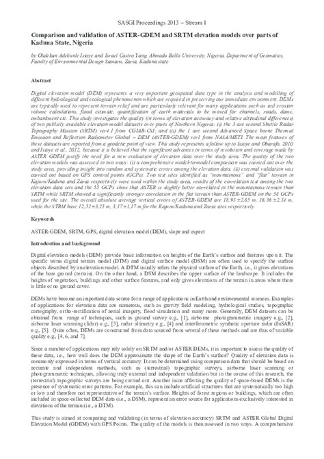 Pdf Comparison And Validation Of Aster Gdem And Srtm Elevation Models Over Parts Of Kaduna