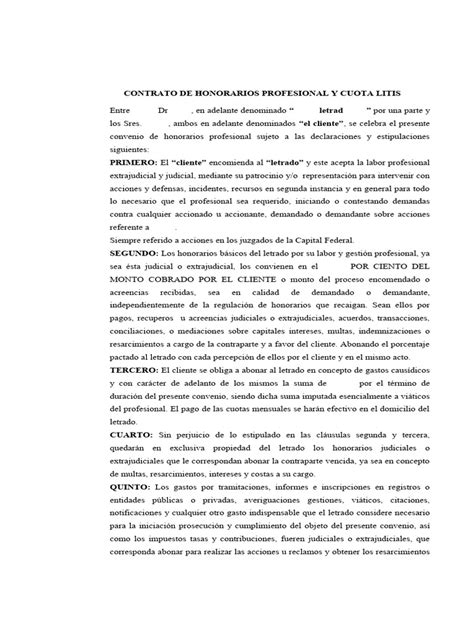 Contrato De Honorarios Y Cuota Litis Pdf Justicia Crimen Y Violencia