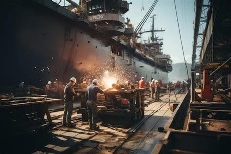 Premium Photo Shipyard With Workers Welding And Constructing Generative Ai