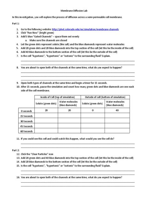 Membrane Diffusion Lab Guide Pdf Cell Biology Chemistry