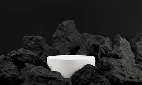 검은 색 배경 추상적 또는 기하학적 모양 3d 렌더링에 제품 선물용 바위가 있는 흰색 포디움 실린더 3차원 형태에 대한 스톡 사진 및 기타 이미지 Istock