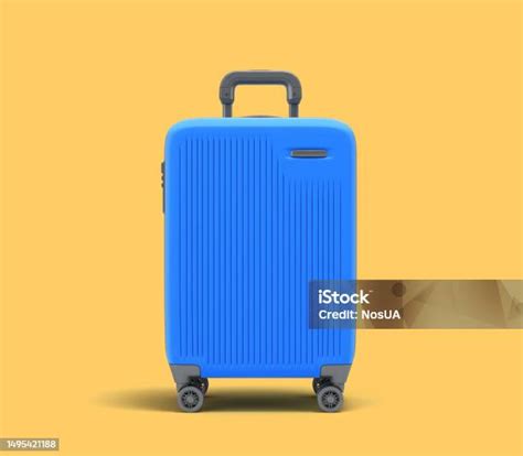 콤비네이션 자물쇠와 바퀴가 있는 대형 플라스틱 여행 가방 전면 보기 3d는 노란색으로 렌더링됩니다 나름에 대한 스톡 사진 및