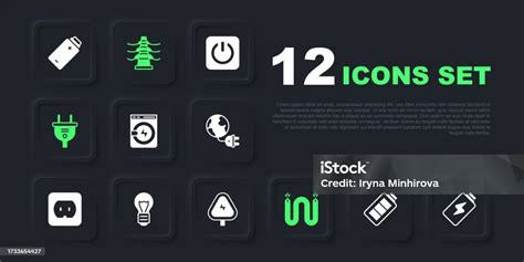 배터리 충전 와셔 전기 케이블 플러그 크리에이티브 램프 조명 아이디어 타워 라인 및 고전압 아이콘을 설정합니다 벡터 0명에 대한 스톡 벡터 아트 및 기타 이미지 Istock