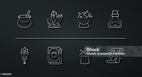 마녀 가마솥 불에 마법의 검 물약 모자 타로 카드 돌 두루마리 및 공 아이콘이 있는 병을 설정합니다 벡터 가마솥에 대한 스톡 벡터 아트 및 기타 이미지 Istock