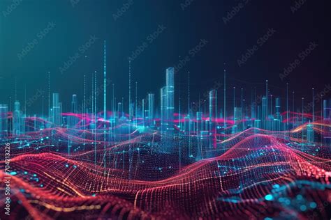 Abstract Dot Points And Gradient Lines Over A Smart City Creating An Intricate Wave Line Design