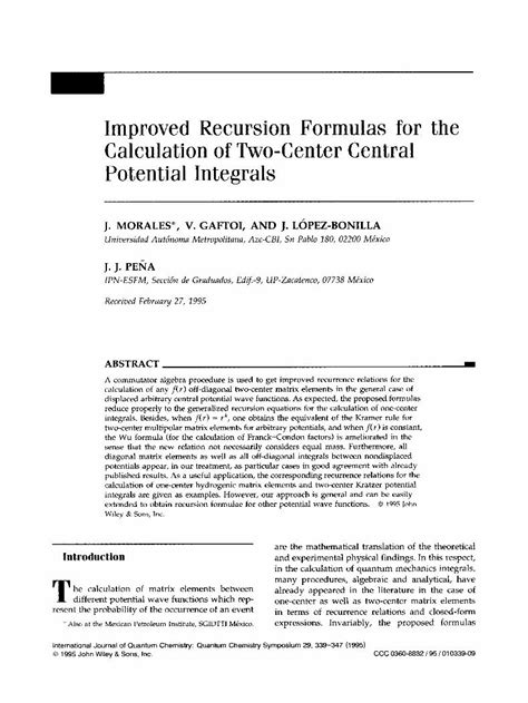 Pdf Improved Recursion Formulas For The Calculation Of Two Center Central Potential Integrals