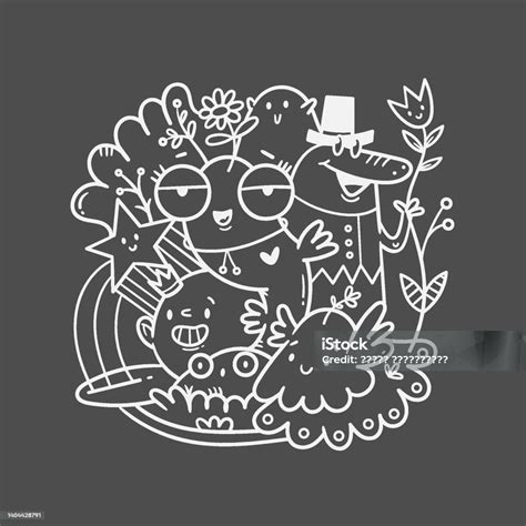 재미있는 생물과 색칠 책 안티 스트레스 판타지 캐릭터와 낙서 인쇄 라인 아트 포스터 개구리밥에 대한 스톡 벡터 아트 및 기타 이미지 개구리밥 건강관리와 의술 귀여운