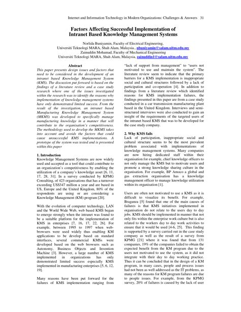 Pdf Factors Affecting Successful Implementation Of Intranet Based Knowledge Management Systems