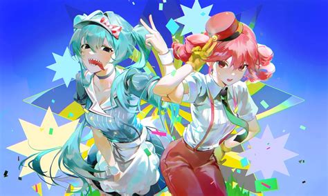 2girls Apron Aqua Hair Black Eyes Bow Choker Dress Fang Gloves Gradient Hat Hatsune Miku Kasane