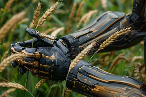 Futuristic Robotics Technology In Agriculture Robotic Arm Harvesting Wheat In A Field