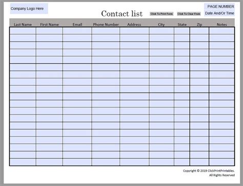 Simple Minimal Editable Contact List Template Downloadable Printable Form Small Business Fill In