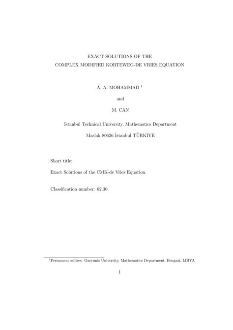 Pdf Exact Solutions Of The Complex Modified Korteweg De Vries Equation