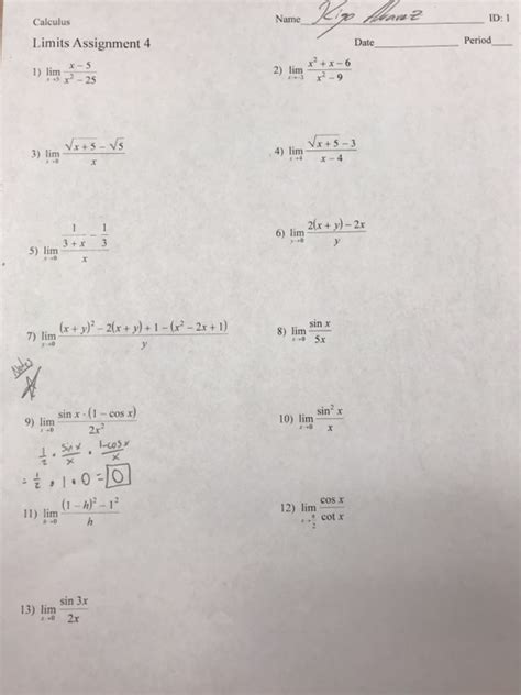 Solved Calculus Name Id 1 Limits Assignment 4 Date Period