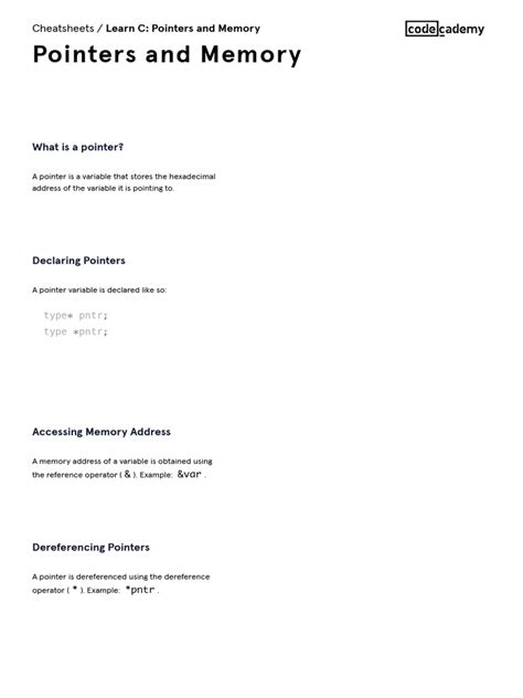 Pointers And Memory Pointers And Memory Cheatsheet Pdf