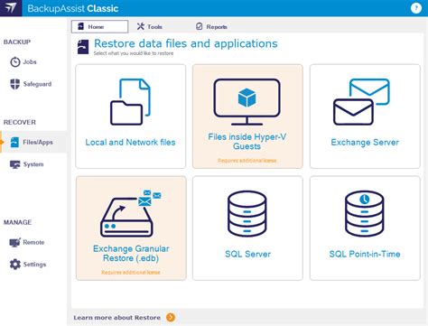 BackupAssist Restore Tab