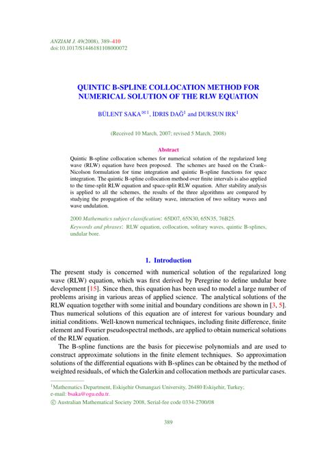 Pdf Quintic B Spline Collocation Method For Numerical Solution Of The Rlw Equation