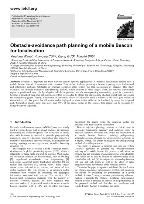 Pdf Obstacle Avoidance Path Planning Of A Mobile Beacon For Localisation