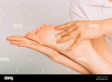 Close Up Female Foot While Reflexology Massage Special Tehnic Of Foot