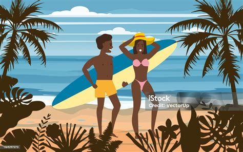 여름 휴가 해변에서 행복한 커플입니다 아내와 남편은 모래 바다 팜과 이국적인 열대 해변 꽃에 산책 해변 휴가를 즐기는 서핑 보드와 남편 벡터 일러스트레이션 포스터 바너 격리