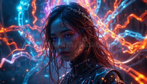 Cyberpunk Girl With Neon Lights And Chains Stock Illustration