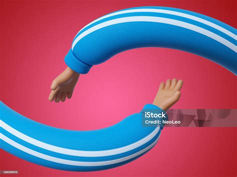 흰색 줄무늬와 파란색 소매에 3d 렌더링 재미있는 유연한 만화 캐릭터 손 빨간색 배경에 고립 된 클립 아트 손에 대한 스톡 사진 및 기타 이미지 Istock