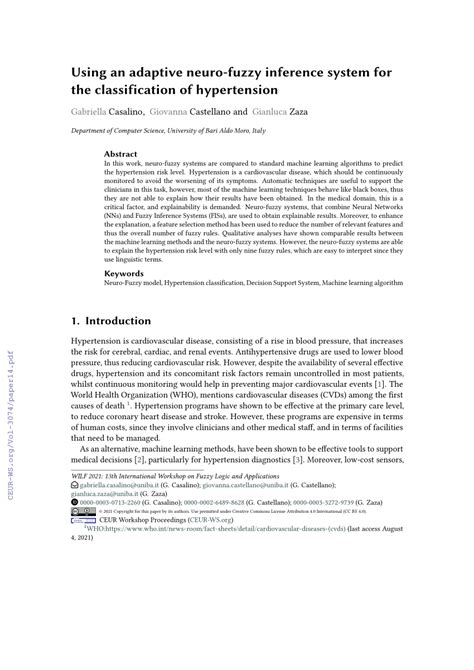 PDF Using An Adaptive Neuro Fuzzy Inference System For The Classification Of Hypertension