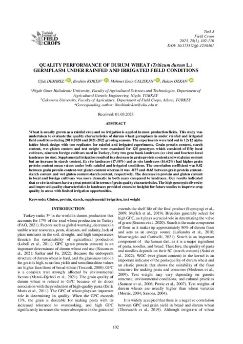 Pdf Quality Performance Of Durum Wheat Triticum Durum L Germplasm Under Rainfed And