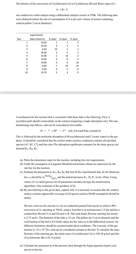Solved The Kinetics Of The Conversion Of Cyclohexanol A