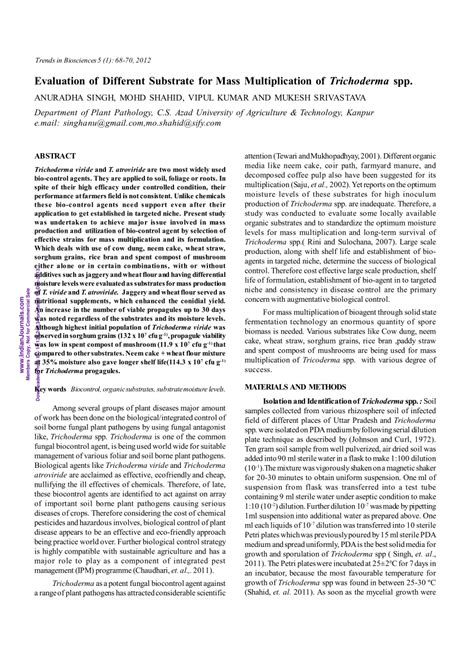Pdf Evaluation Of Different Substratesfor Mass Multiplicationof Trichoderma Spp
