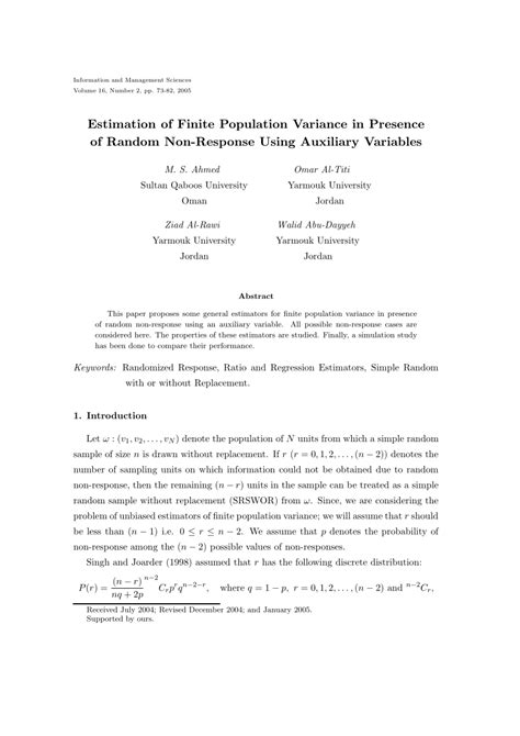 Pdf Estimation Of Finite Population Variance In Presence Of Random