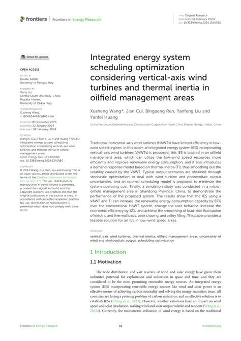 Pdf Integrated Energy System Scheduling Optimization Considering Vertical Axis Wind Turbines