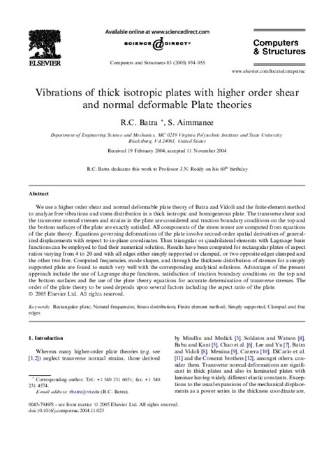 Pdf Vibrations Of Thick Isotropic Plates With Higher Order Shear And