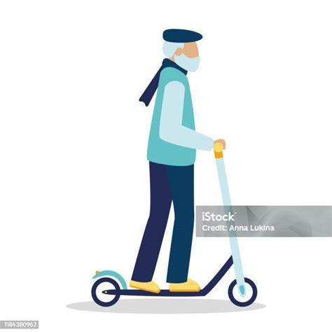 킥이나 전기 스쿠터를 타고 스카프를 입고 노인 모자를 가지고 있는 노인 액티브한 라이프 스타일을 선도하는 연금 회색 머리의 캐릭터 아웃도어 벡터 일러스트레이션 절연 노인에