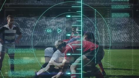Animation Of Data Processing And Scope Scanning Over Diverse Male Rugby Players Stock Footage