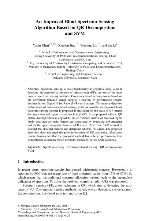Pdf An Improved Blind Spectrum Sensing Algorithm Based On Qr Decomposition And Svm