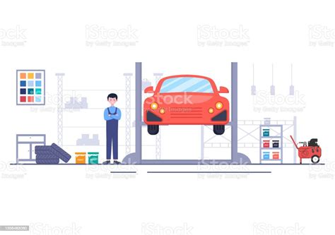 장비가있는 자동차 페인팅 기계는 평면 벡터 일러스트레이션에서 새로운 색상을 제공하기 위해 차량 본체에 페인트 에어 브러시 또는 스프레이 건을 제공합니다 개념에 대한 스톡