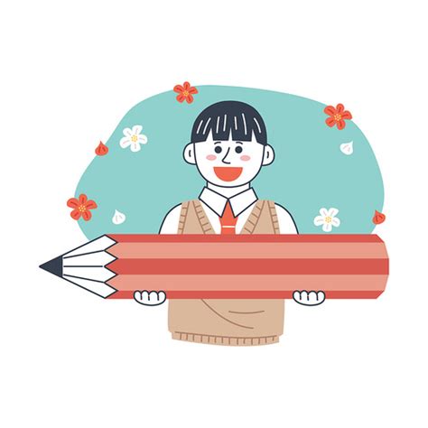 유토이미지 웃으며 연필들고 있는 남자 학생 벡터이미지 일러스트