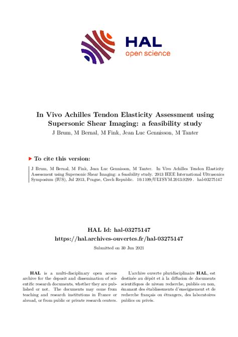 Pdf In Vivo Achilles Tendon Elasticity Assessment Using Supersonic Shear Imaging A