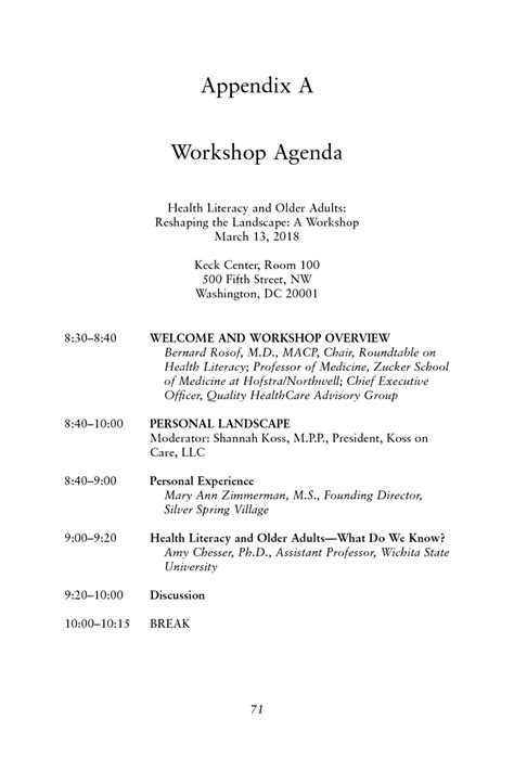 Appendix A Workshop Agenda Health Literacy And Older Adults