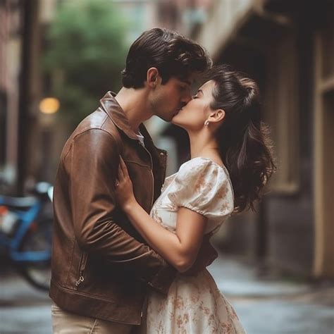 Premium Ai Image A Man And Woman Kissing In The Street